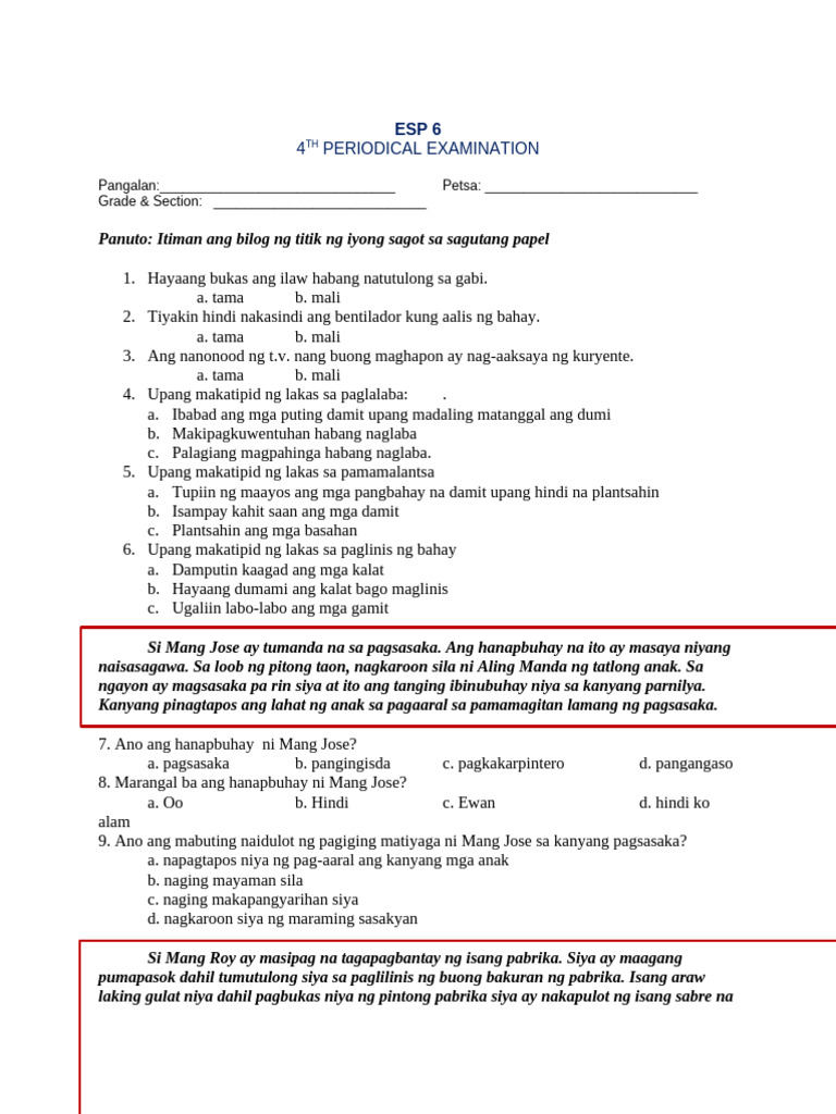 Grade 6 Fourth Periodical Test ESP | PDF