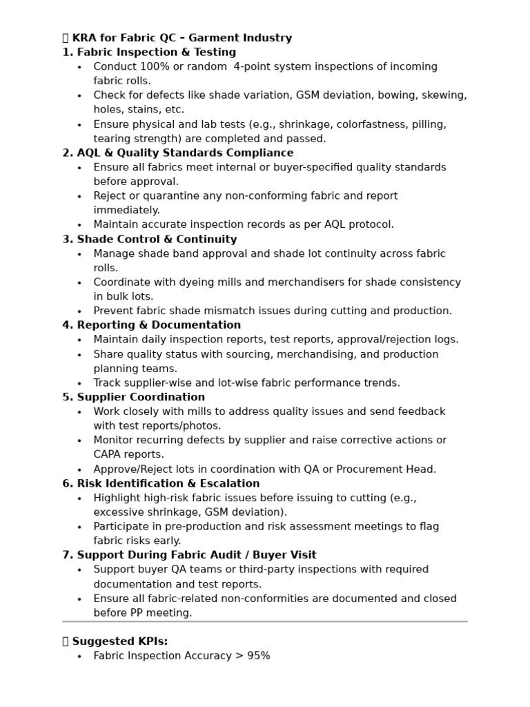 KRA For Fabric QC - Garment Industry | PDF