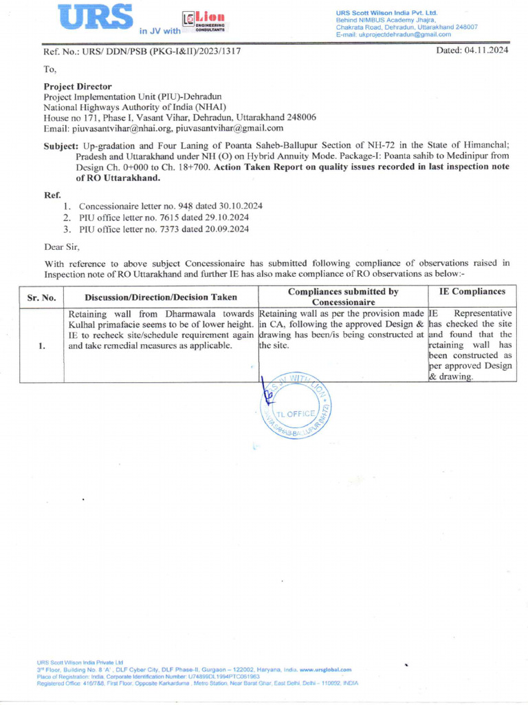 1317 Action Taken Report On Quality Issues Recorded in Last Inspection ...