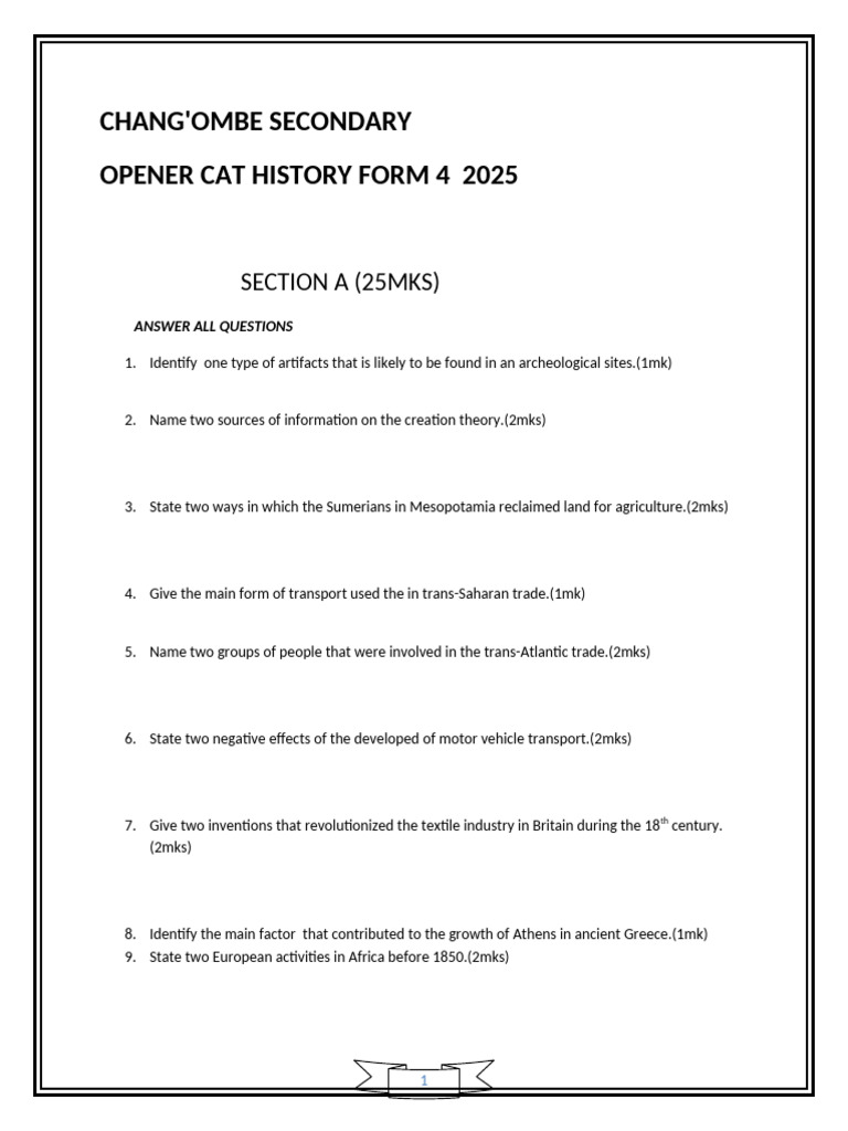 Form 4 History Exam Questions 2025 | PDF