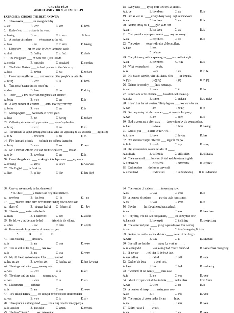 CĐ 20. Subjects and Verbs Agreement - BT - p1 (b28) | PDF