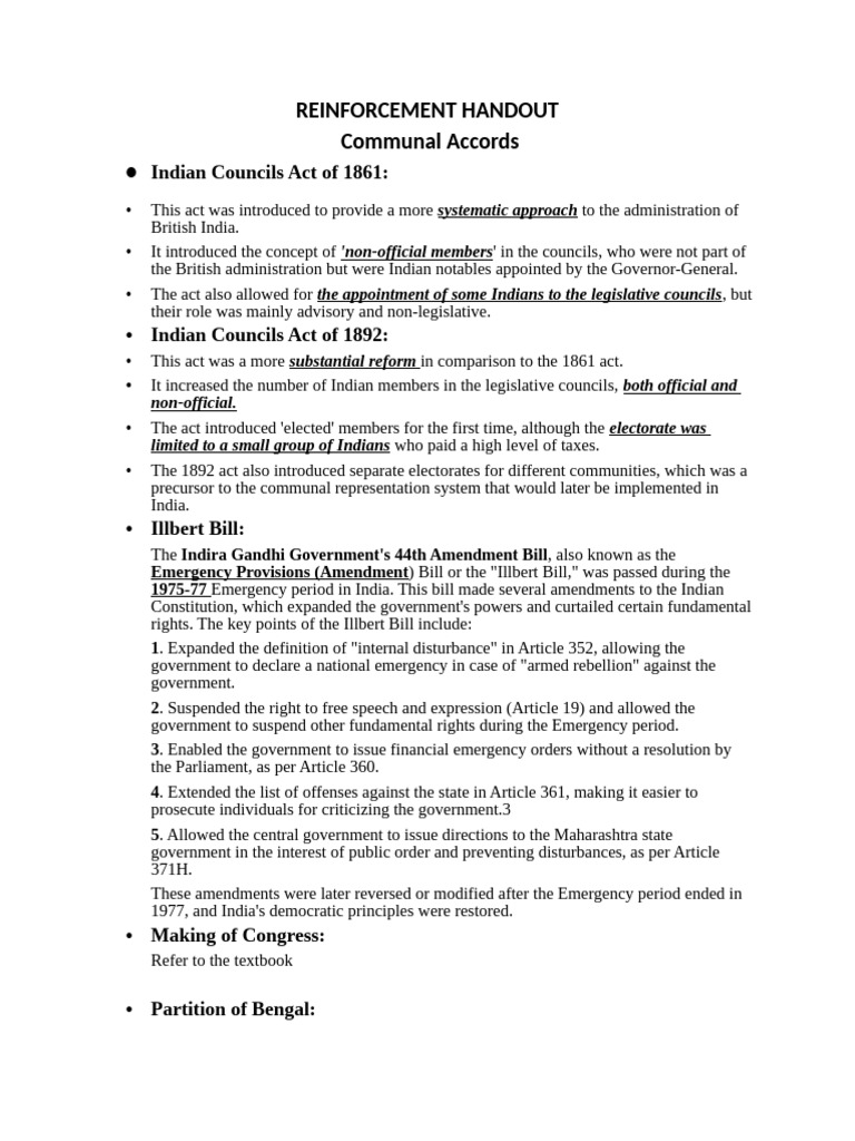 REINFORCEMENT HANDOUT Communal Accords | PDF | Indian Independence ...