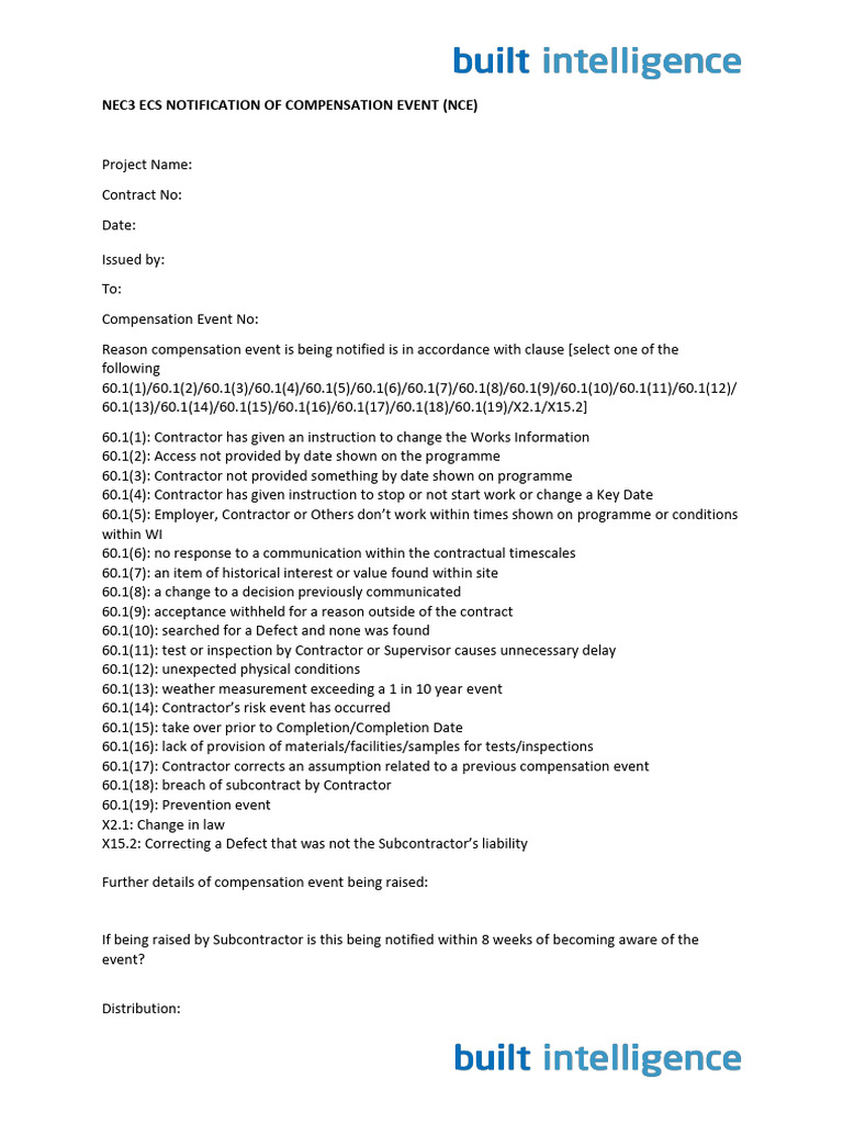 NEC3 Compensation Event Notification Template | PDF