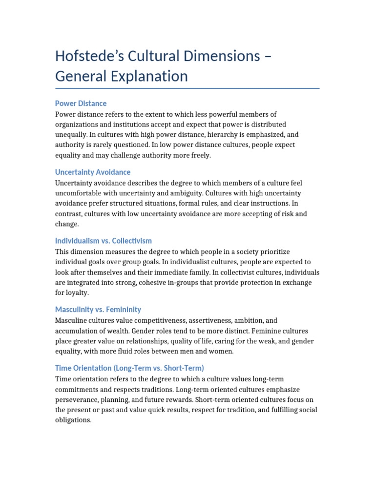 Hofstede Cultural Dimensions Explained | PDF