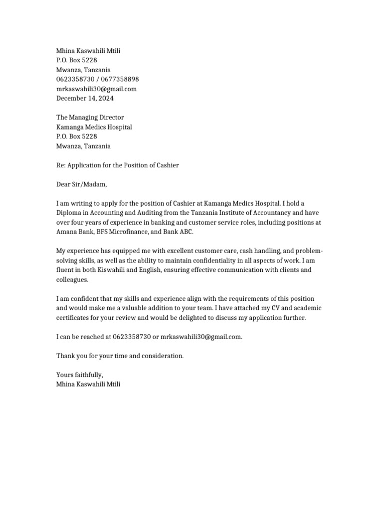 Cashier Application Letter | PDF