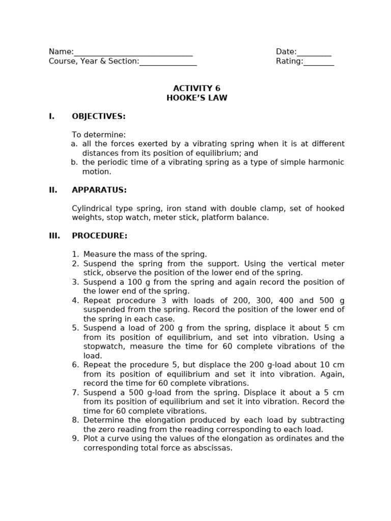 Hooke's Law Experiment Guide | PDF | Force | Oscillation