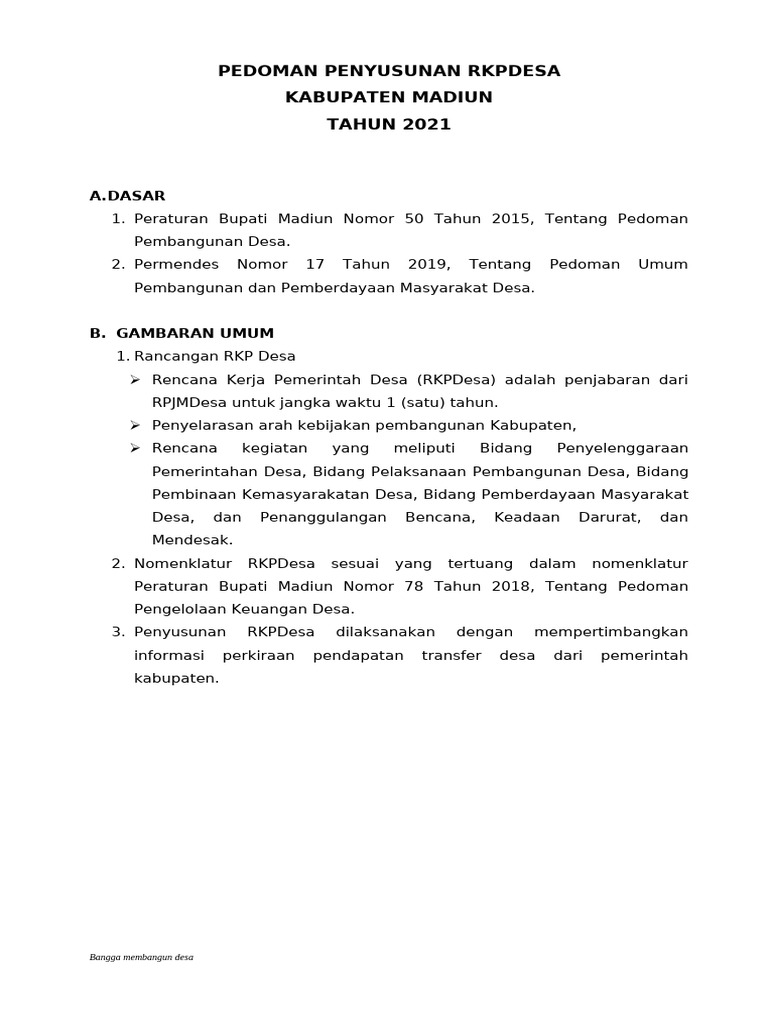 PEDOMAN PENYUSUNAN RKPDESA (PERBUP 50 dan Permendes 17) | PDF