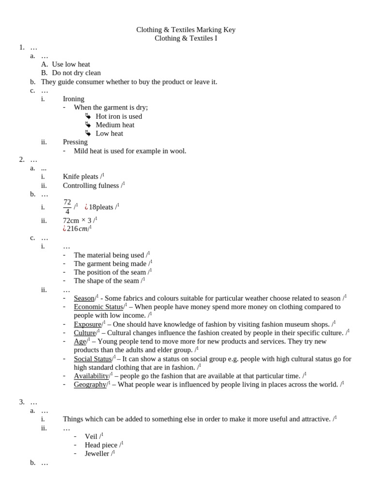 Clothing & Textiles Marking Key | PDF | Clothing | Textiles