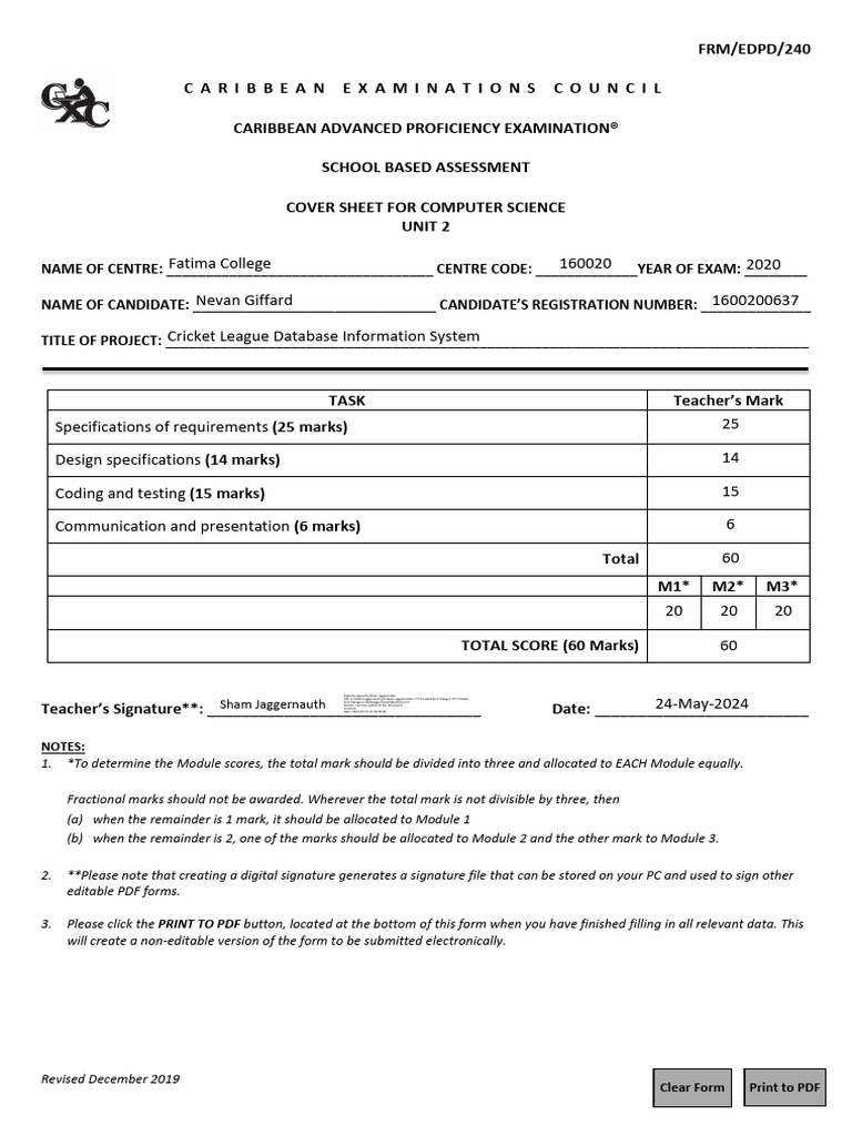 CAPE CompSci CoverSheetForESBA Unit2 Fillable Dec2019 | PDF | Computing
