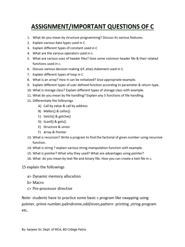 IMPORTANT QUESTIONS OF C Prog. | PDF