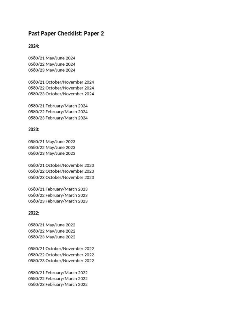 Past Paper Checklist - Paper 2 | PDF