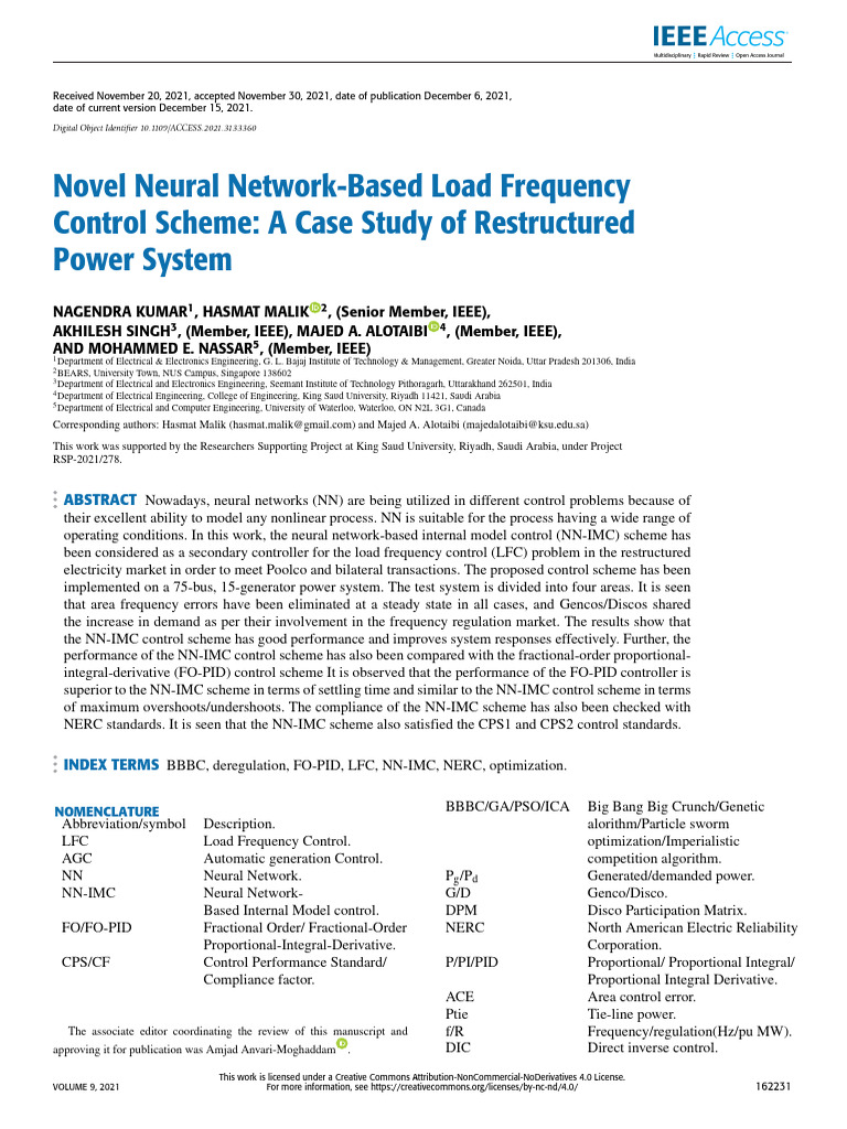 Novel Neural Network-Based Load Frequency Control Scheme A Case Study of Restructured Power ...