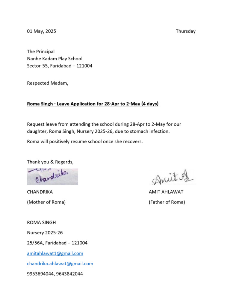 Roma Singh - Leave Application - 01 May 2025 | PDF