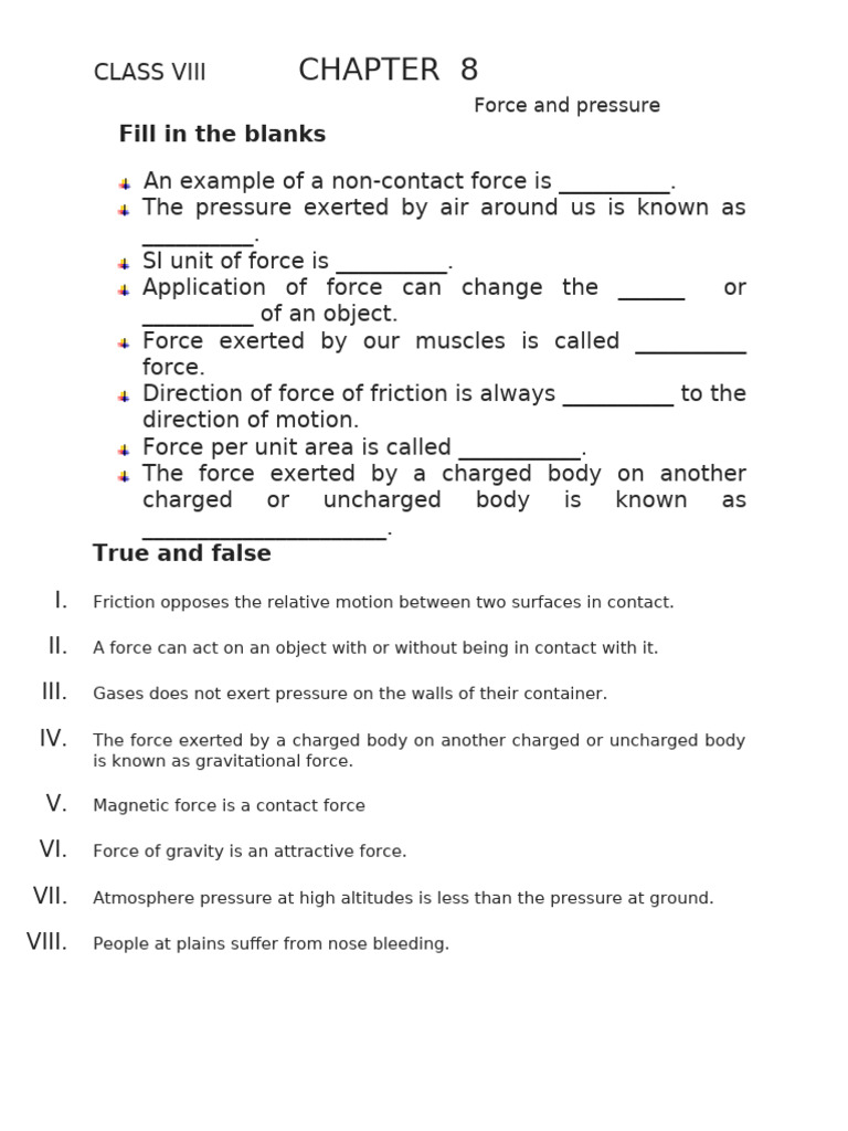 VIII_SCI_L08_M02_FORCE_AND_PRESSURE_WORKSHEET | PDF | Force | Pressure
