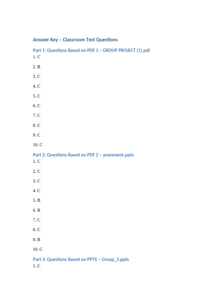 Classroom Test Questions Answer Key | PDF