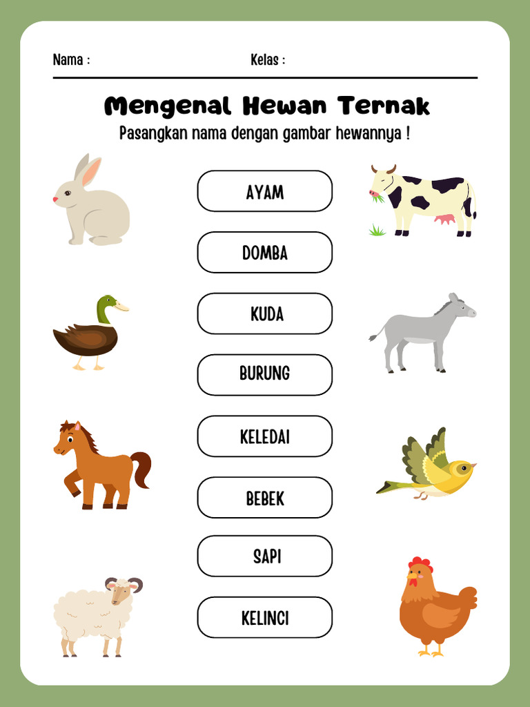 Hijau Ilustrasi Mengenal Hewan Ternak Lembar Kerja | PDF