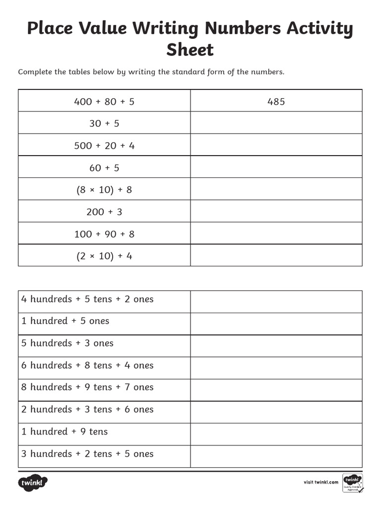 Au t2 M 2391 Writing Numbers in Standard Form 100s Activity Sheet | PDF