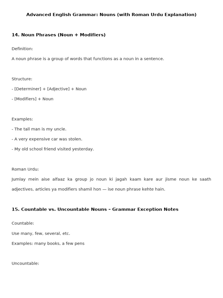 Advanced English Nouns RomanUrdu | PDF