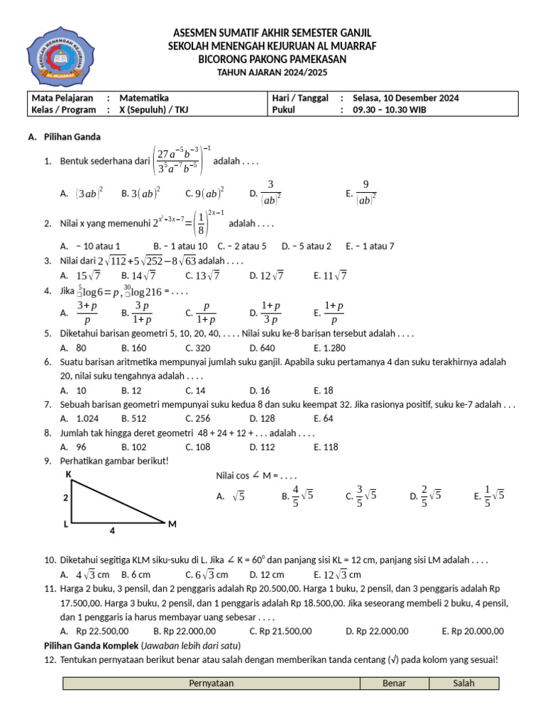 Soal MTK X (Kurmer) Desember 24-25 | PDF