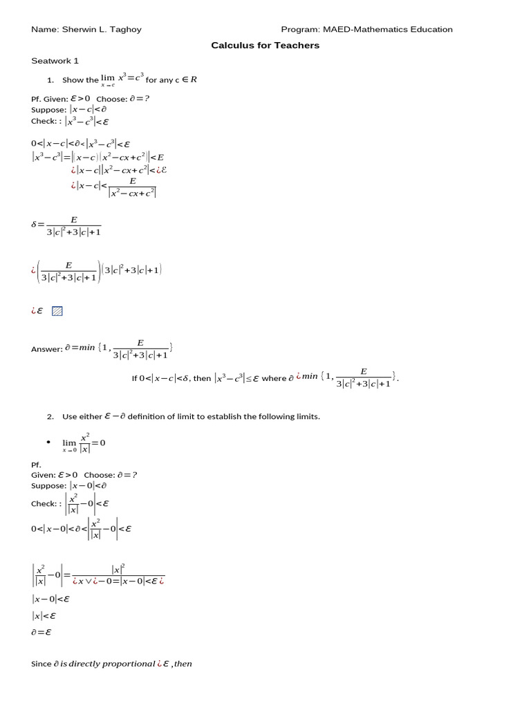 Calculus Seatwork 1 - Limits of A Function | PDF | Mathematical Analysis | Calculus