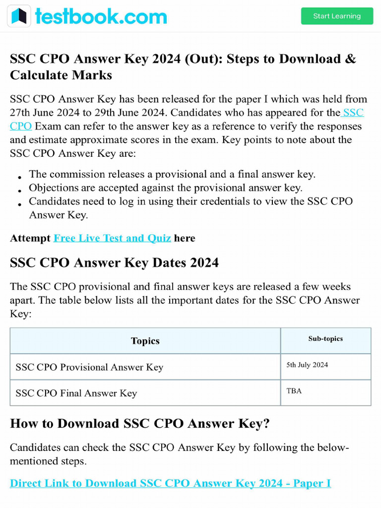 SSC CPO Answer Key 2024 (Out)_ Steps to Download & Calculate Marks | PDF