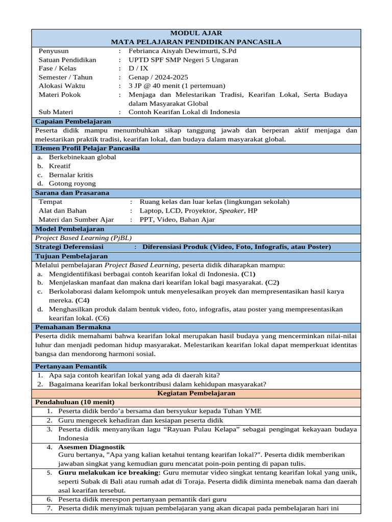 9 Modul BAB 4. 2b _ Project Based Learning (1 Pertemuan) - Contoh Kearifan Lokal di Indonesia | PDF