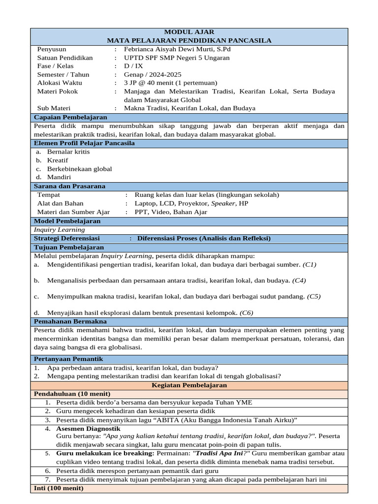 9 Modul BAB 4. 1 _ Inquiry Learning (1 Pertemuan) - Makna Tradisi, Kearifan Lokal, dan Budaya | PDF