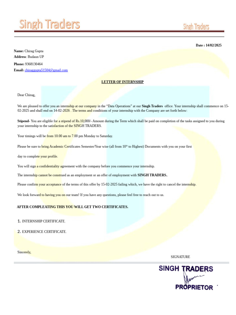 Chirag Offer Letter Singh Traders | PDF