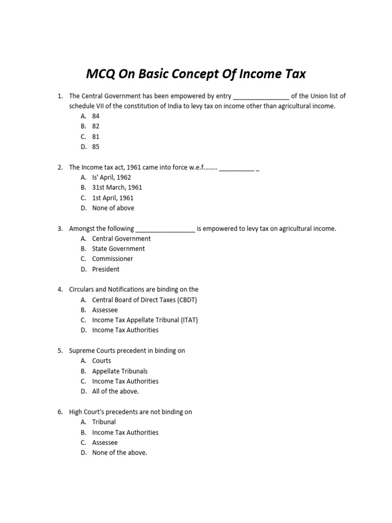 MCQs On Basic Concept of Income Tax | PDF | Capital Gain | Income Tax