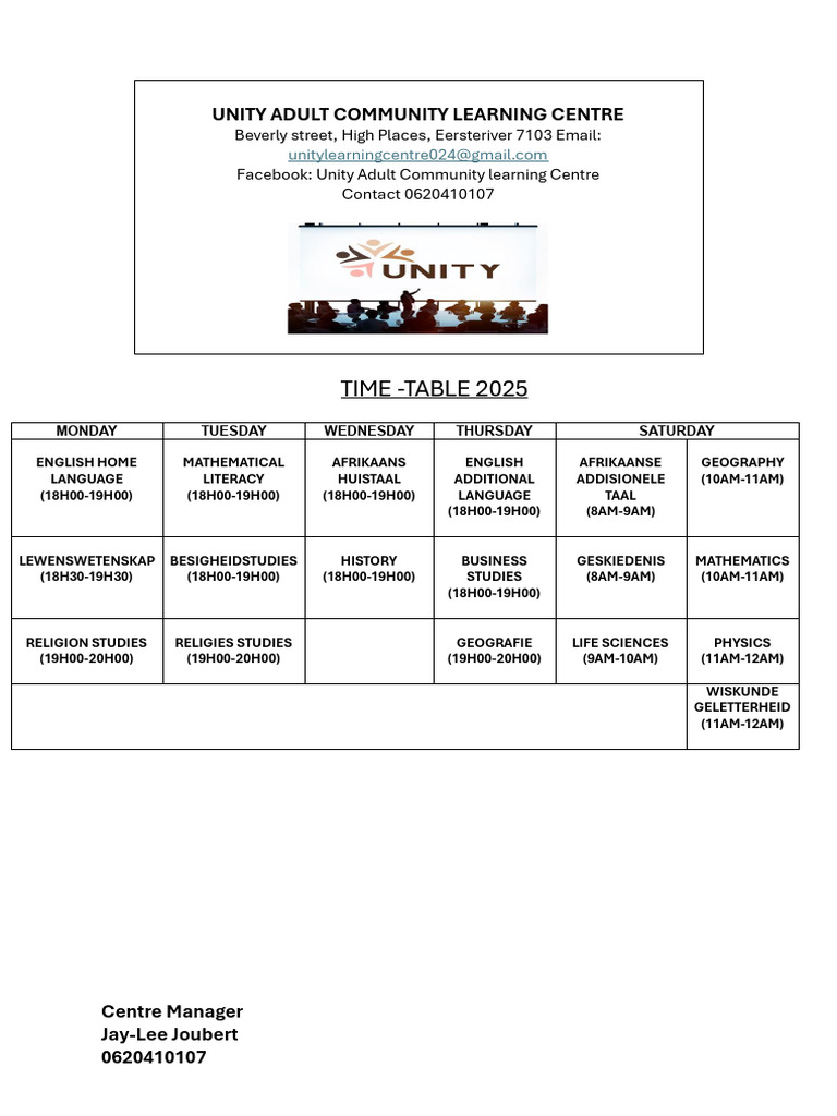 Unity Adult Learning Centre Timetable 2025 | PDF