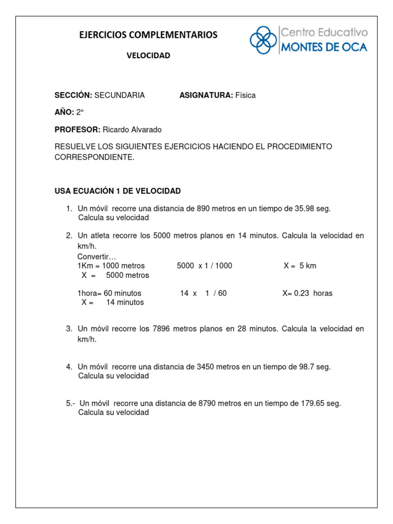 Ejercicios de Velocidad para Secundaria | PDF