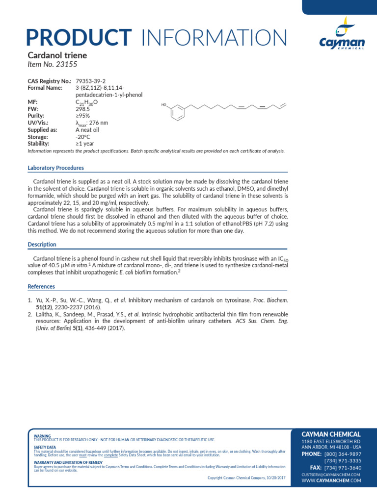 Cardanol Triene Product Overview | PDF | Solubility | Chemistry