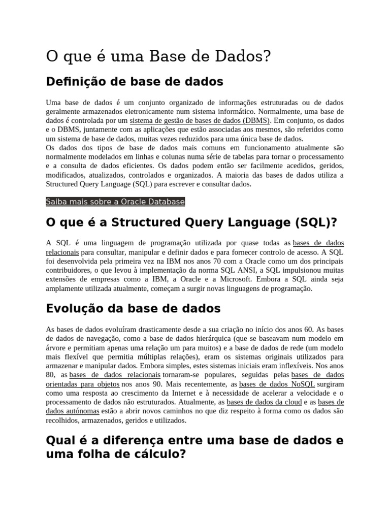 O Que É Uma Base de Dados | PDF | Bancos de dados | SQL