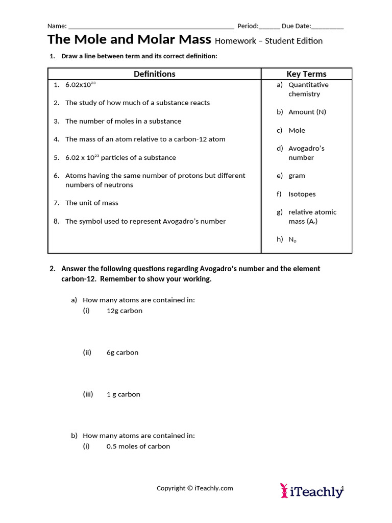 4 1a Homework Questions SE the Mole and Molar Mass | PDF