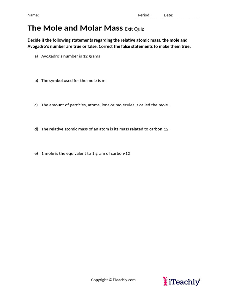 4-1a-Exit-Quiz-SE-The-Mole-and-Molar-Mass | PDF