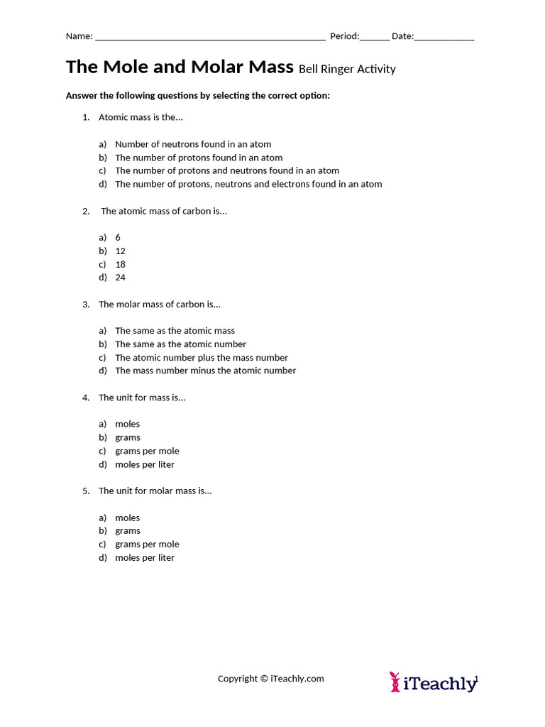 4 1a Bell Ringer SE The Mole and Molar Mass | PDF