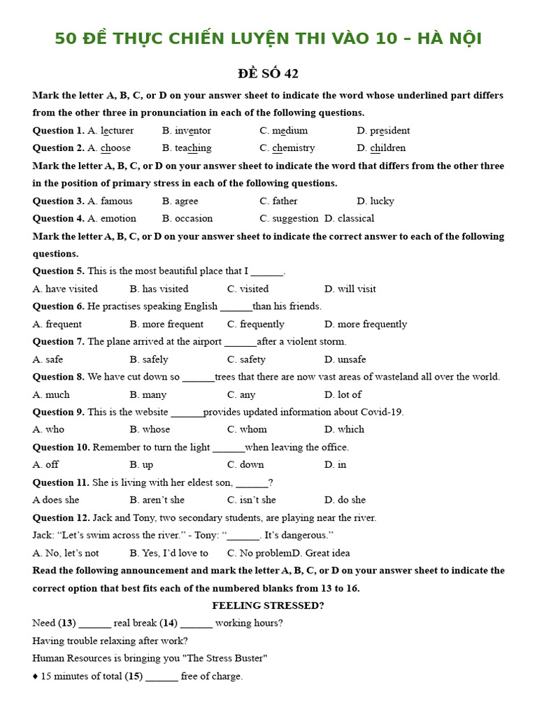 50 de Thuc Chien Luyen Thi Vao 10 Mon Anh Ha Noi Nam 2025 Co Dap An BVV de So 42 | PDF