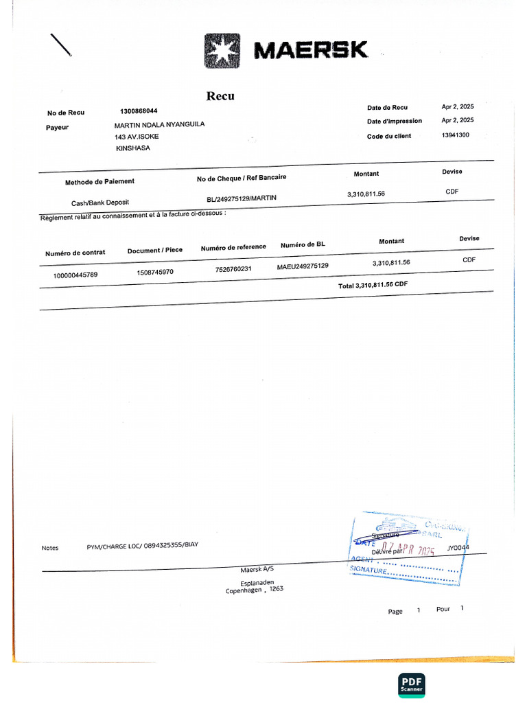 Maersk Preuve Paiement Ndala | PDF