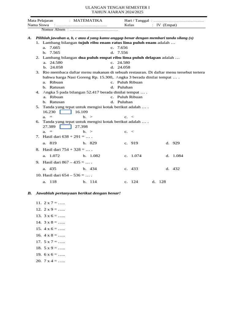 SOAL PTS MAT KELAS 4 KM Edit | PDF