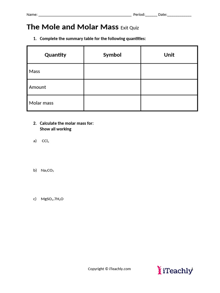 4 1b Exit Quiz SE The Mole and Molar Mass | PDF