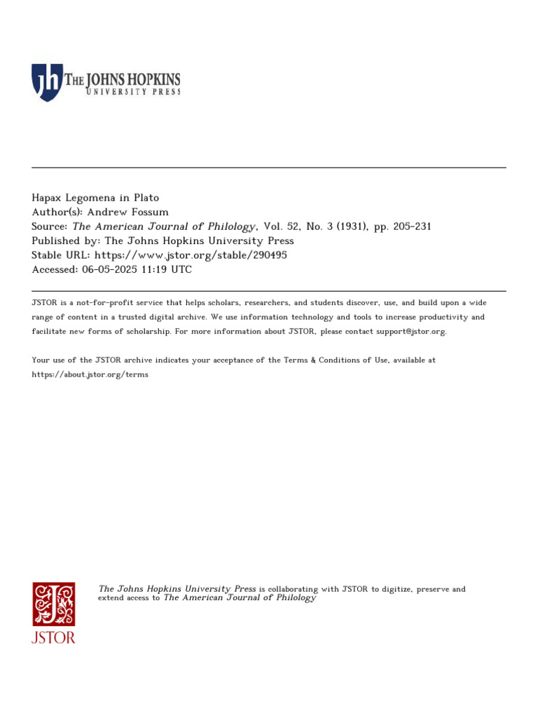 Fossum 1931 Hapax Legomena in Plato | PDF | Plato | Socrates
