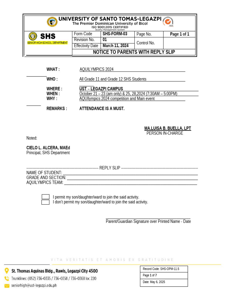 Notice To Parents With Reply Slip | PDF