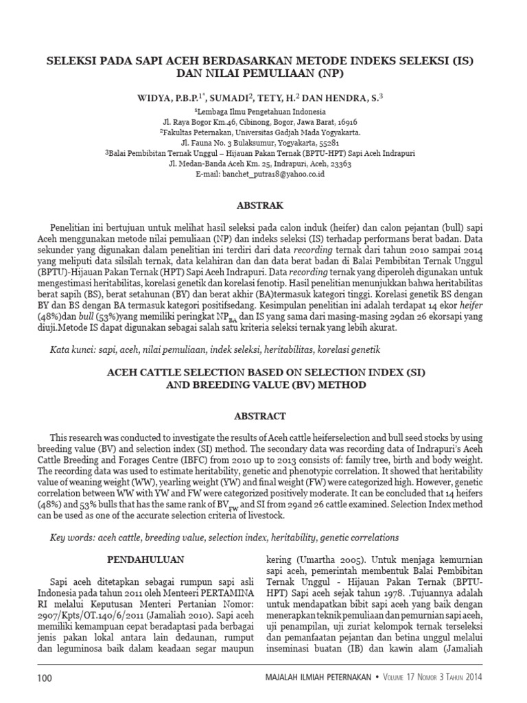 ID Seleksi Pada Sapi Aceh Berdasarkan Metod | PDF