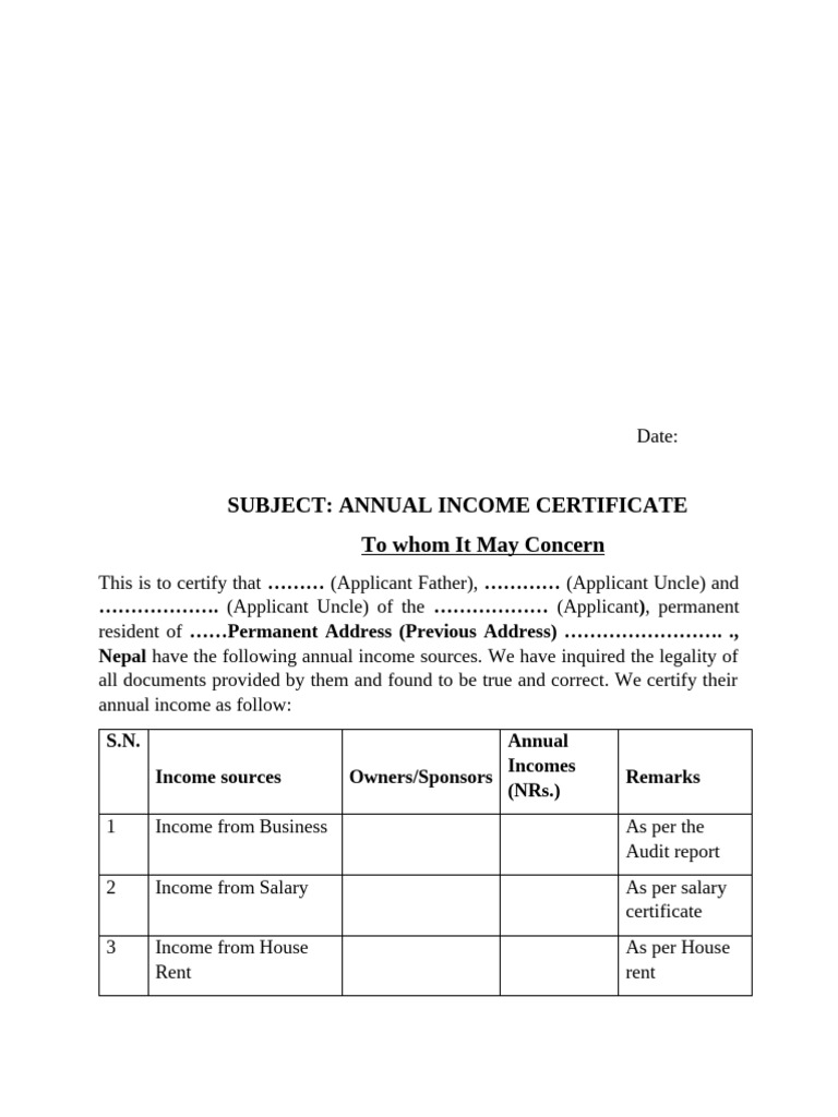 Annual Income Certificate | PDF
