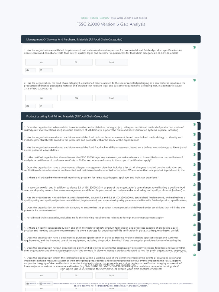 GoAudits - FSSC 22000 Version 6 Gap Analysis (Sample) | PDF