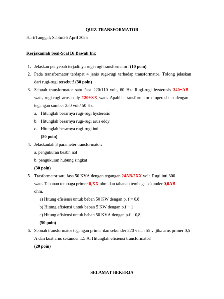 Quiz Transformator | PDF