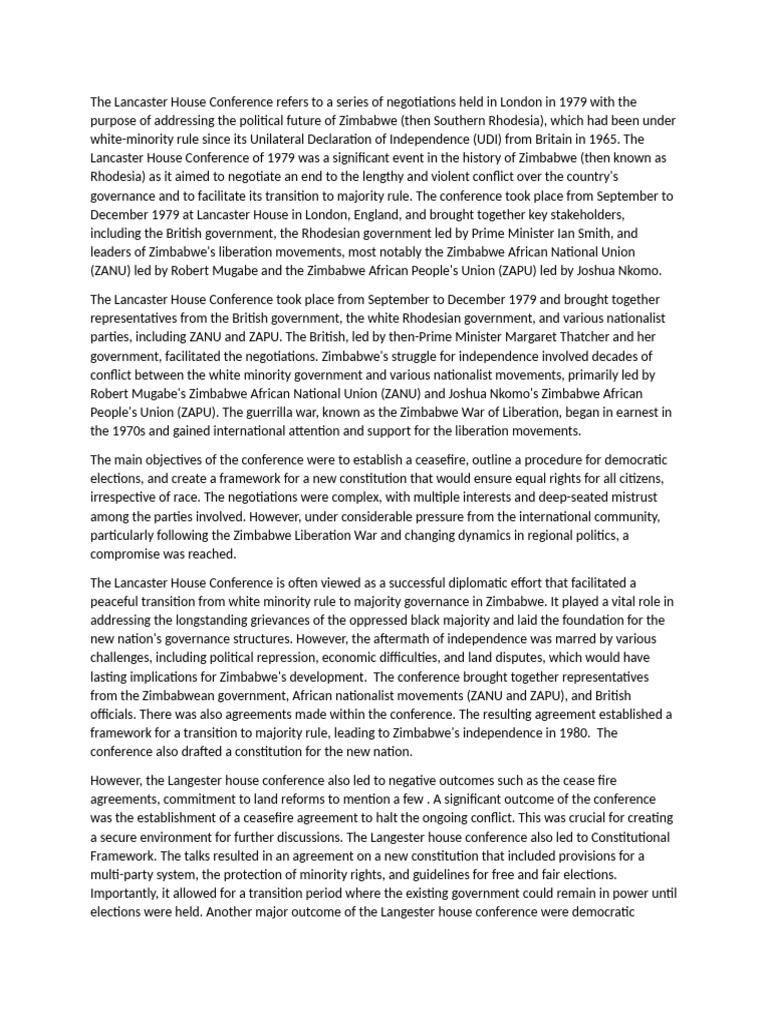 Lancaster House Conference 1979 Overview | PDF | Rhodesia | Zimbabwe