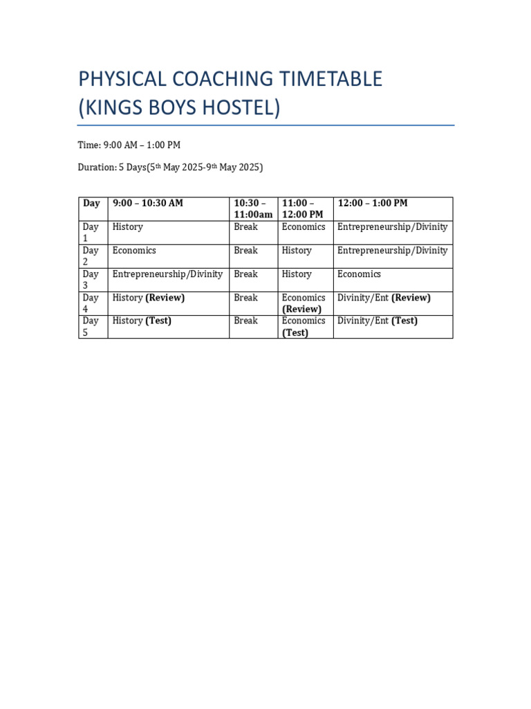 Physical Coaching Timetable | PDF