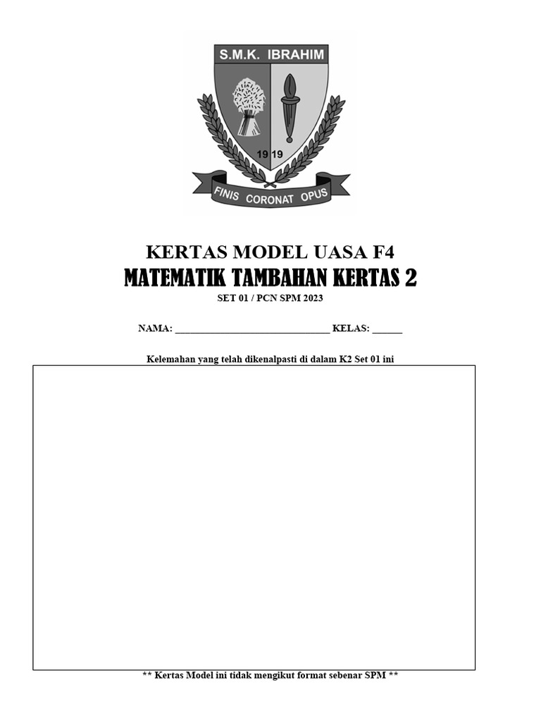 Kertas Model UASA F4 K2 Matematik Tambahan Set 01 | PDF