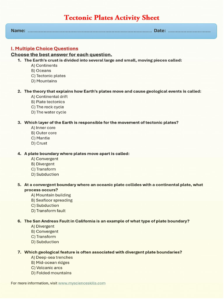 Tectonic Plates Activity Sheet | PDF